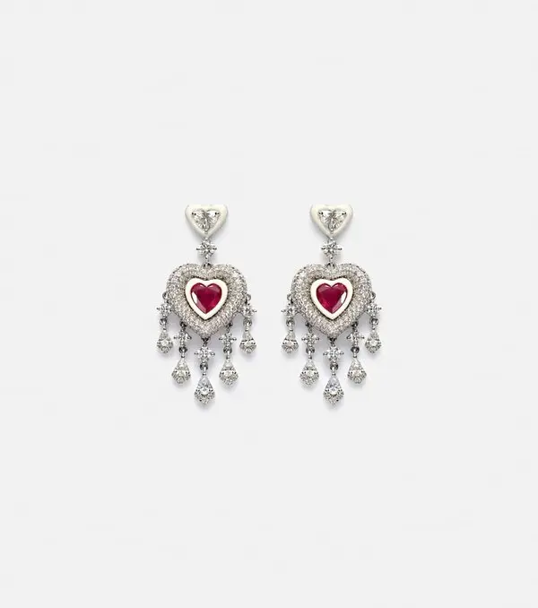 KAMYEN Heart Shaped 18kt White Gold Drop Earrings With Diamonds And Rubies - Silver