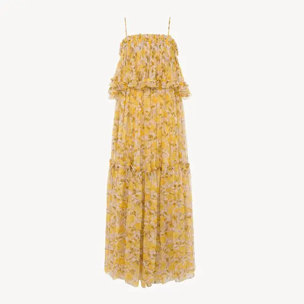 Chloé Thin-strap Long Dress In Mousseline - White - Yellow