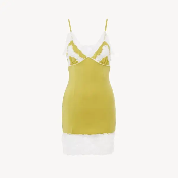 Chloé Fitted Mini Lingerie Dress In Stretch Nylon & Lace - Vegetal Yellow