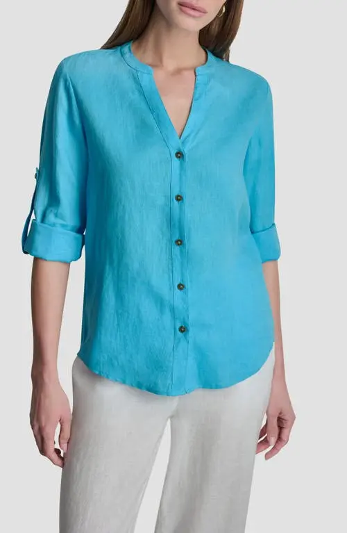 Dkny Linen Button-up Shirt - Pool Blue