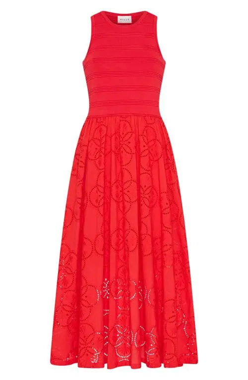 MILLY Ottoman & Geometric Eyelet Lace Midi Dress