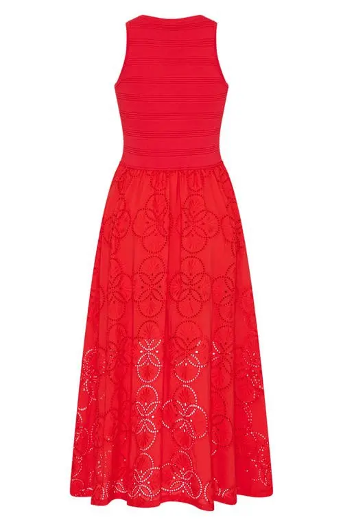 MILLY Ottoman & Geometric Eyelet Lace Midi Dress