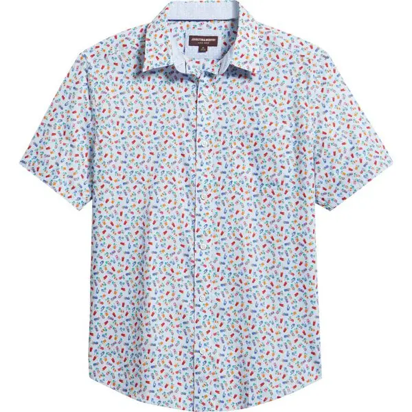 Johnston & Murphy Logan Cocktail Print Short Sleeve Cotton Blend Button-up Shir - Blue Multi Happy Hour