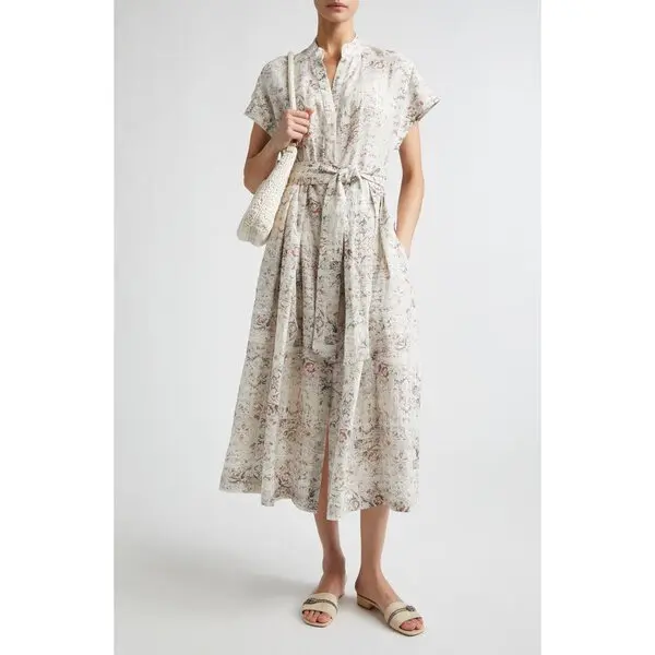 Eleventy Val Floral Linen Midi Shirtdress - Ivory/raspberry