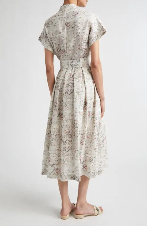 Eleventy Floral Linen Midi Shirtdress - Ivory/raspberry
