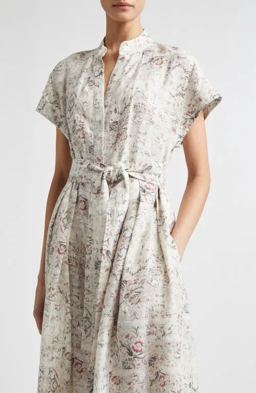 Eleventy Floral Linen Midi Shirtdress - Ivory/raspberry