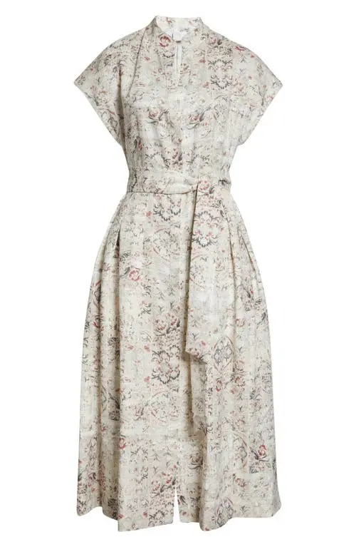 Eleventy Floral Linen Midi Shirtdress - Ivory/raspberry