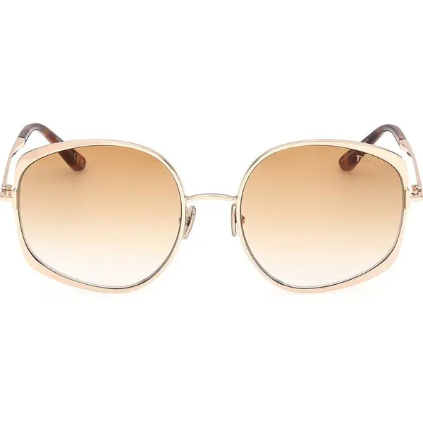 TOM FORD Abbey 58mm Round Frame Sunglasses - Shiny Pale Gold Shiny Classic Havana/t/logo/gradient Amber Lens