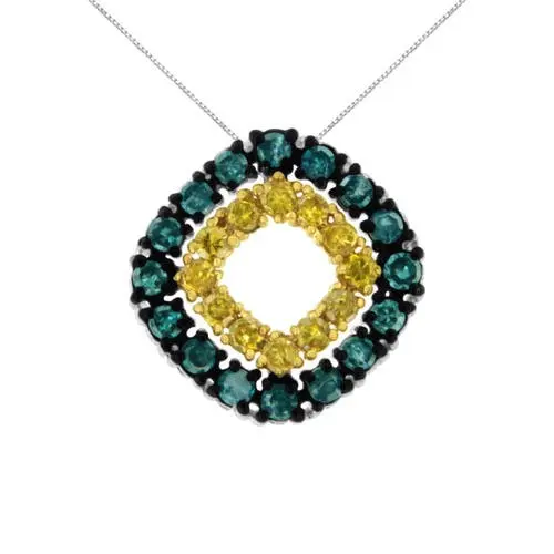 HAUS OF BRILLIANCE Silver 1/2 Cttw Treated Blue And Yellow Diamond Double Square Pendant Necklace - White Metal/ Blue Diamonds