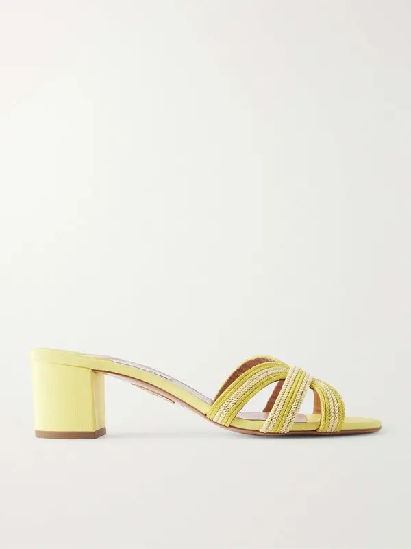 AQUAZZURA Day Dream 50 Metallic Raffia Mules - Yellow