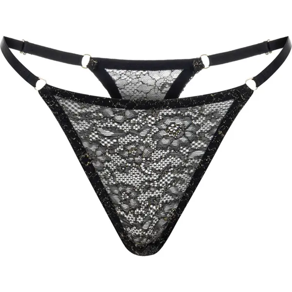 MERS SILK Shiny Lace Thong With Adjustable Straps - Black