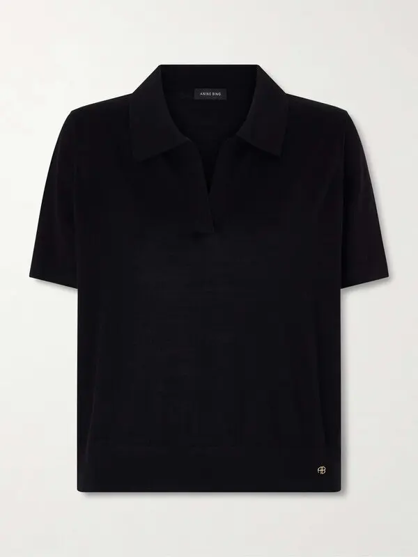 ANINE BING Merino Wool And Cashmere-blend Polo Shirt - Black