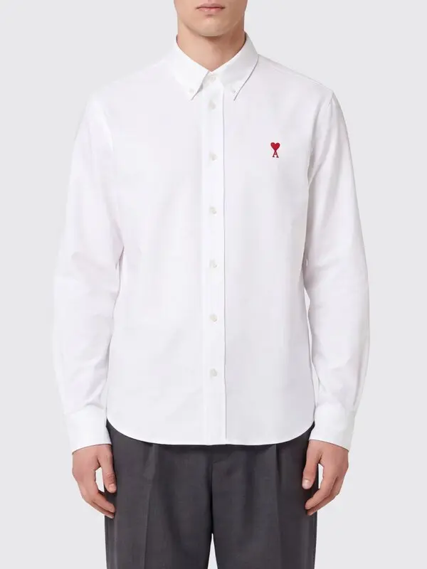 AMI Paris Button-down Cotton Shirt With Contrasting Embroidered Logo - Natural