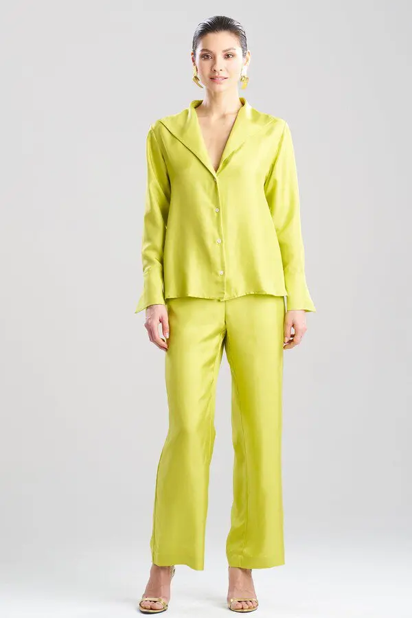 Natori Solid Silk Twill Button Down Trapeze Shirt - Yellow