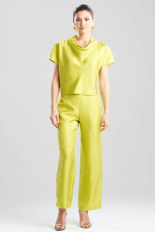 Natori Solid Silk Twill Cowl Neck Top - Yellow