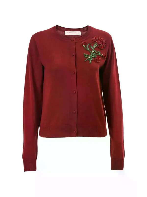 Carolina Herrera Crystal-embroidered Rose Cardigan - Red