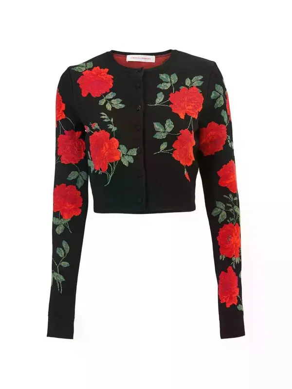 Carolina Herrera Rose Jacquard Cropped Cardigan - Black