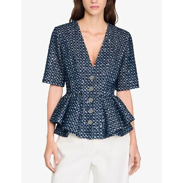 Sandro Sequin-embellished Peplum-hem Cotton Jacket