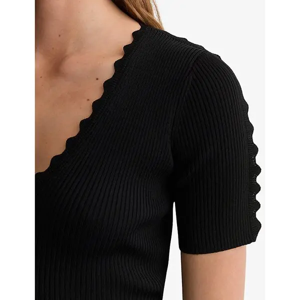 REISS Marcy Scalloped-trim Knitted Top - Black