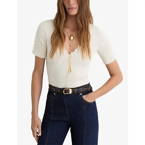 REISS Marcy Scalloped-trim Knitted Top - Ivory