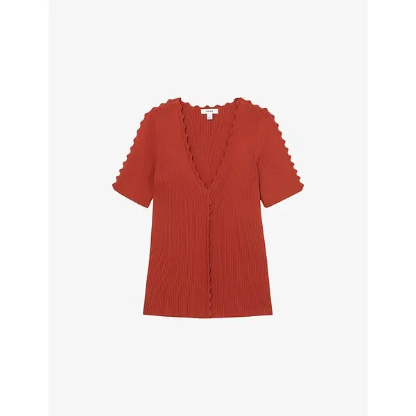 REISS Marcy Scalloped-trim Knitted Top - Rust Red