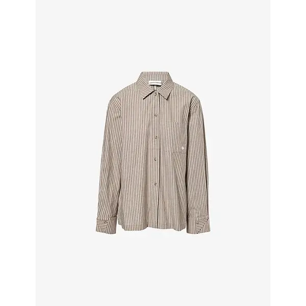 THE COUTURE CLUB Emblem-embroidered Striped Cotton Shirt - Khaki