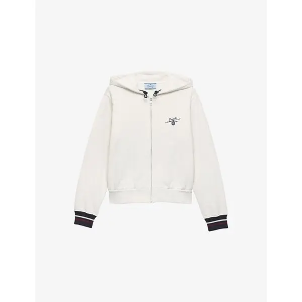 Prada Brand-print Zip-up Cotton Hoodie - Neutral