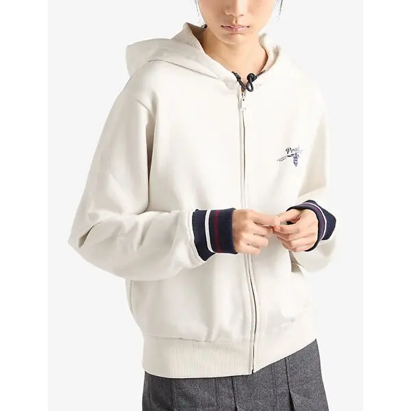 Prada Brand-print Zip-up Cotton Hoodie - Neutral