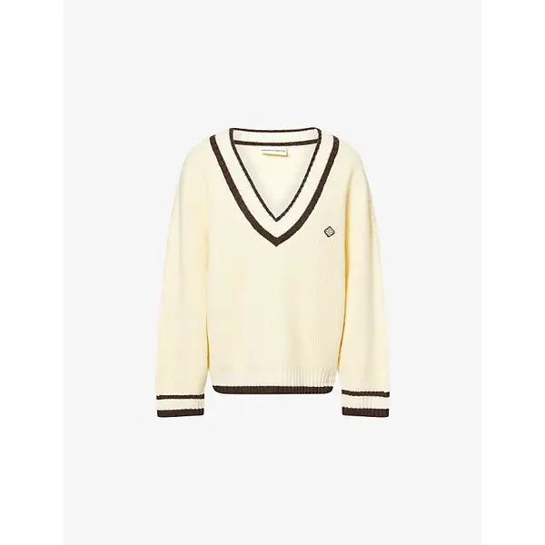 THE COUTURE CLUB Stripe V-neck Knitted Cricket Jumper - Buttermilk