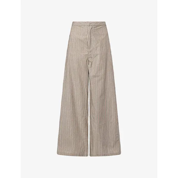 THE COUTURE CLUB Striped Wide-leg Cotton Trousers - Khaki