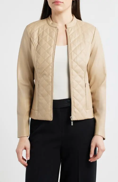 Anne Klein Quilted Faux Leather Moto Jacket - Latte