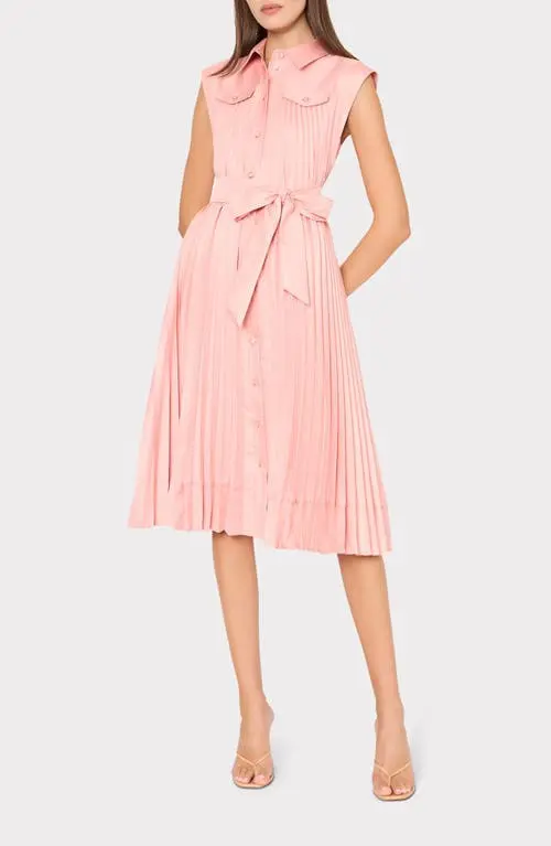 MILLY Johanna Pleat Twill Midi Shirtdress - Blush