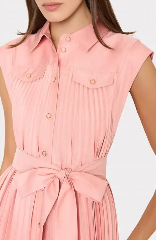 MILLY Pleated Twill Midi Shirt Dress - Blush