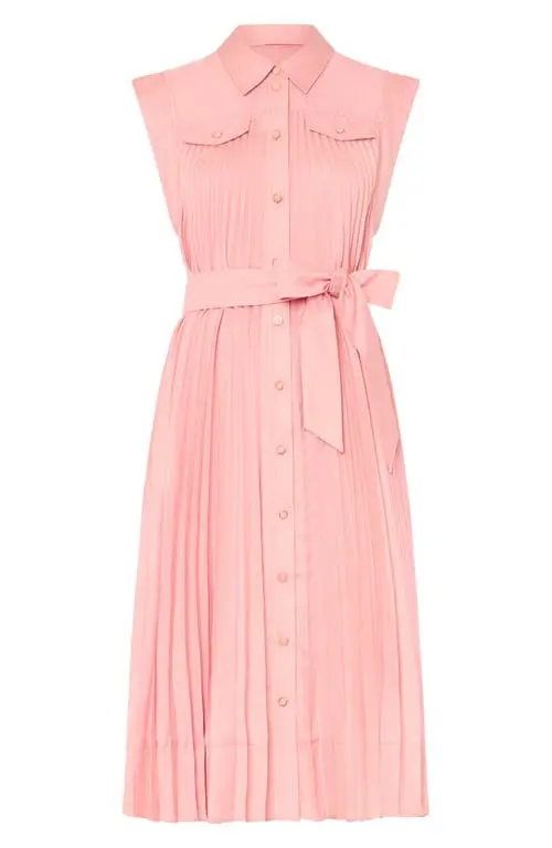 MILLY Pleated Twill Midi Shirt Dress - Blush