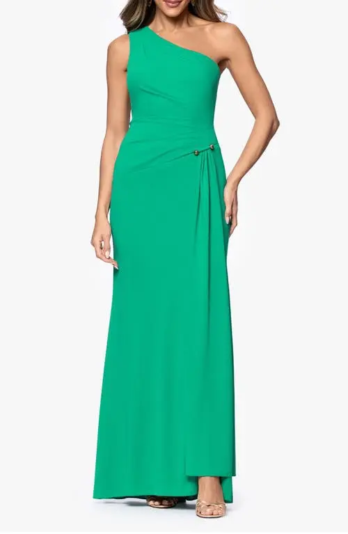 XSCAPE EVENINGS Caroline Matte Jersey One-shoulder Gown - Emerald