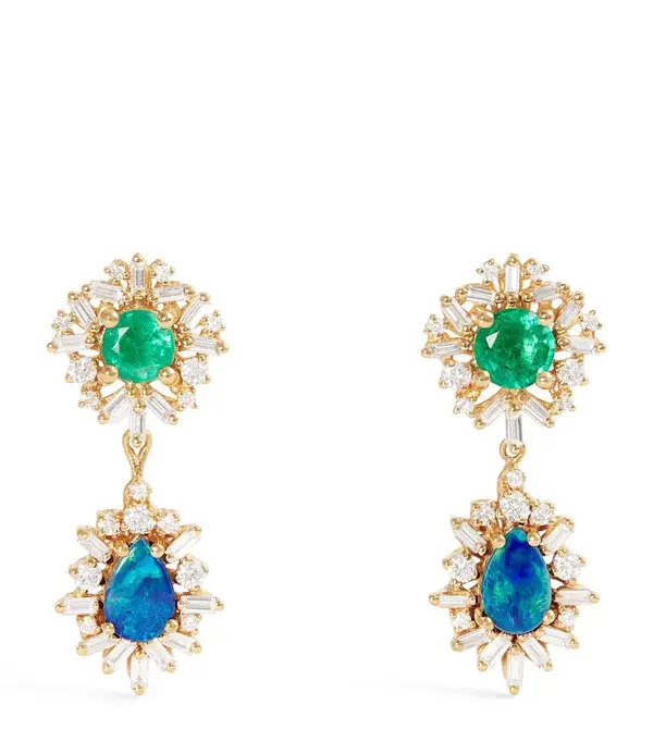 SUZANNE KALAN Yellow Emerald, Opal And Diamond One Of A Kind Drop Earrings - Gold
