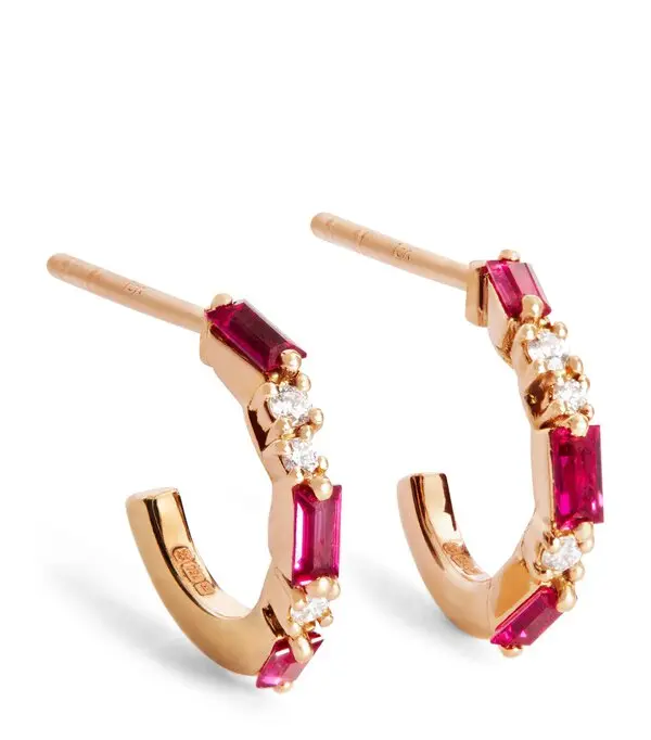 SUZANNE KALAN Ruby And Diamond Thin Mix Hoop Earrings - Rose Gold