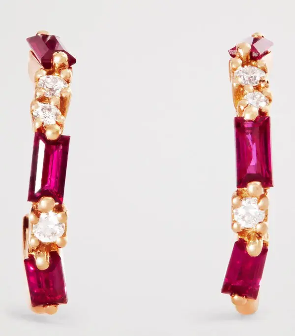 SUZANNE KALAN Ruby And Diamond Thin Mix Hoop Earrings