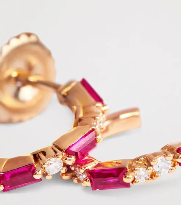 SUZANNE KALAN Ruby And Diamond Thin Mix Hoop Earrings