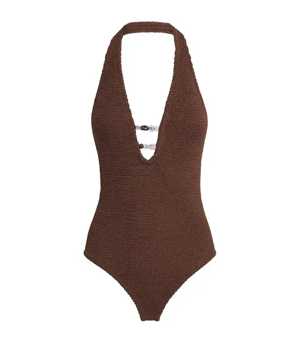 Hunza G Beaded Halterneck Adriana Swimsuit - Brown