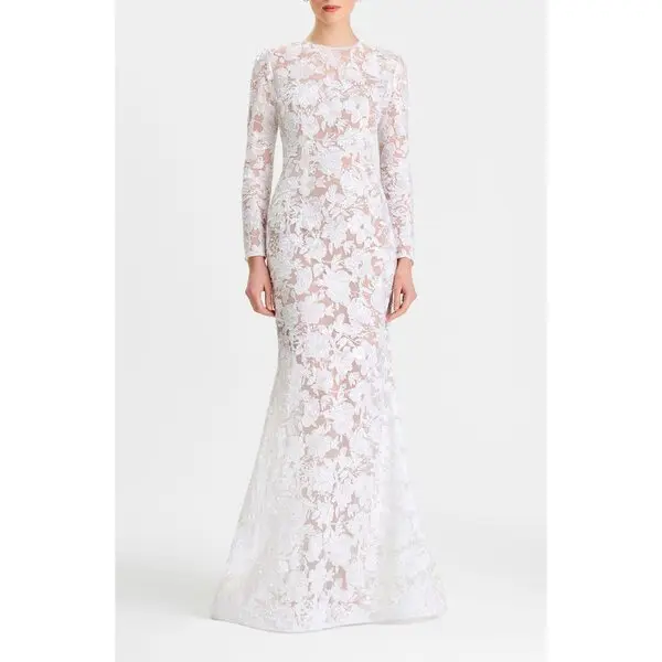 NADINE MERABI Sasha Embroidered Sequin Sheer Mesh Gown - White