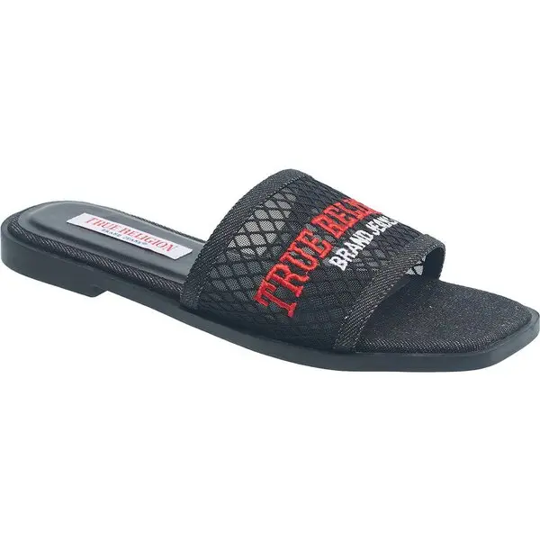 True Religion Mesh Logo Flat Slip-on Sandals - Black