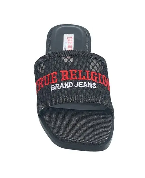True Religion Mesh Logo Flat Slip-on Sandals - Black