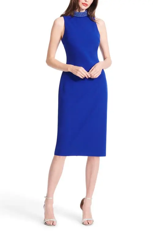 EMILY SHALANT Stretch Crepe Mock Neck Sheath Dress