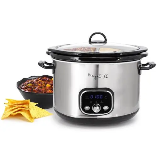 MEGACHEF 6 Quart + 2.6 Quart Split Stainless Steel Electric Slow Cooker In Silver - Grey