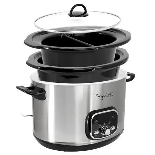 MEGACHEF 6 Quart + 2.6 Quart Split Stainless Steel Electric Slow Cooker In Silver
