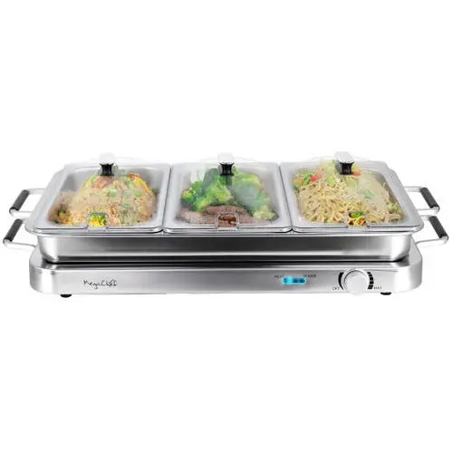 MEGACHEF 3-in-1 Electric Chaffing Buffet Server And Warming Tray With Triple 2.63 Quart Trays And 8.6 Quart Baking Pan - Grey