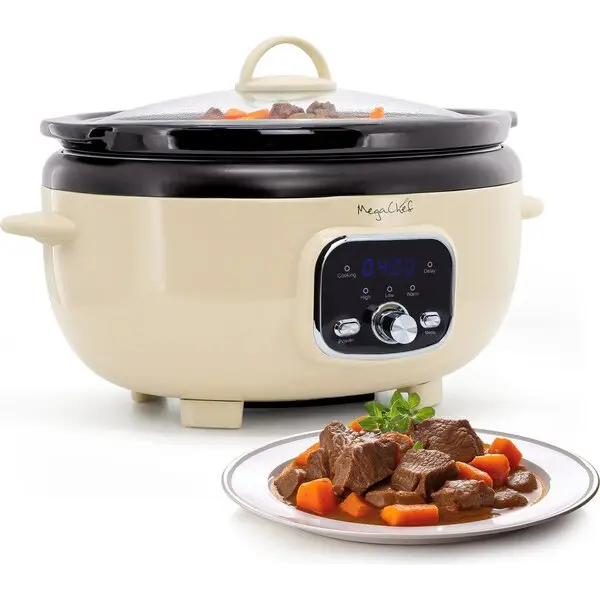 MEGACHEF 3.7 Quart Oval Electric Digital Slow Cooker In Cream With Black Pot - White
