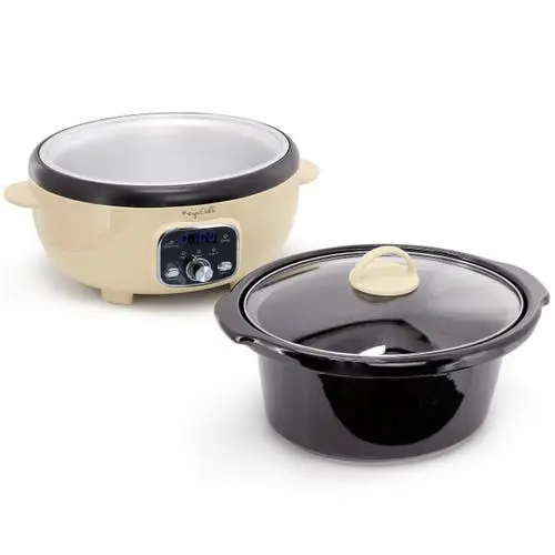 MEGACHEF 3.7 Quart Oval Electric Digital Slow Cooker In Cream With Black Pot