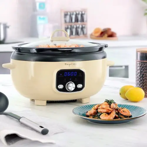 MEGACHEF 3.7 Quart Oval Electric Digital Slow Cooker In Cream With Black Pot